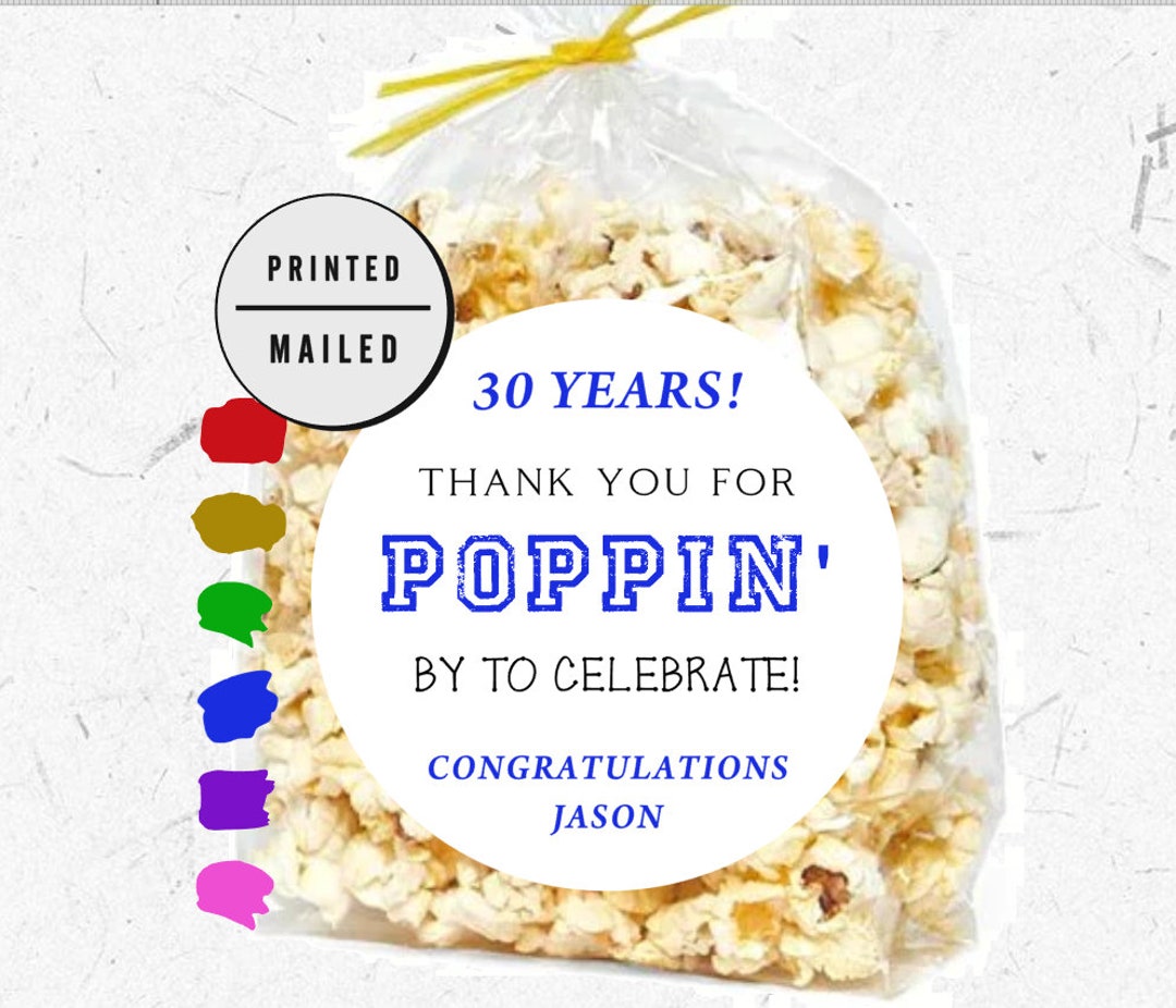 Retirement Stickers, Popcorn Thanks for Poppin' By, Popcorn Favor ...