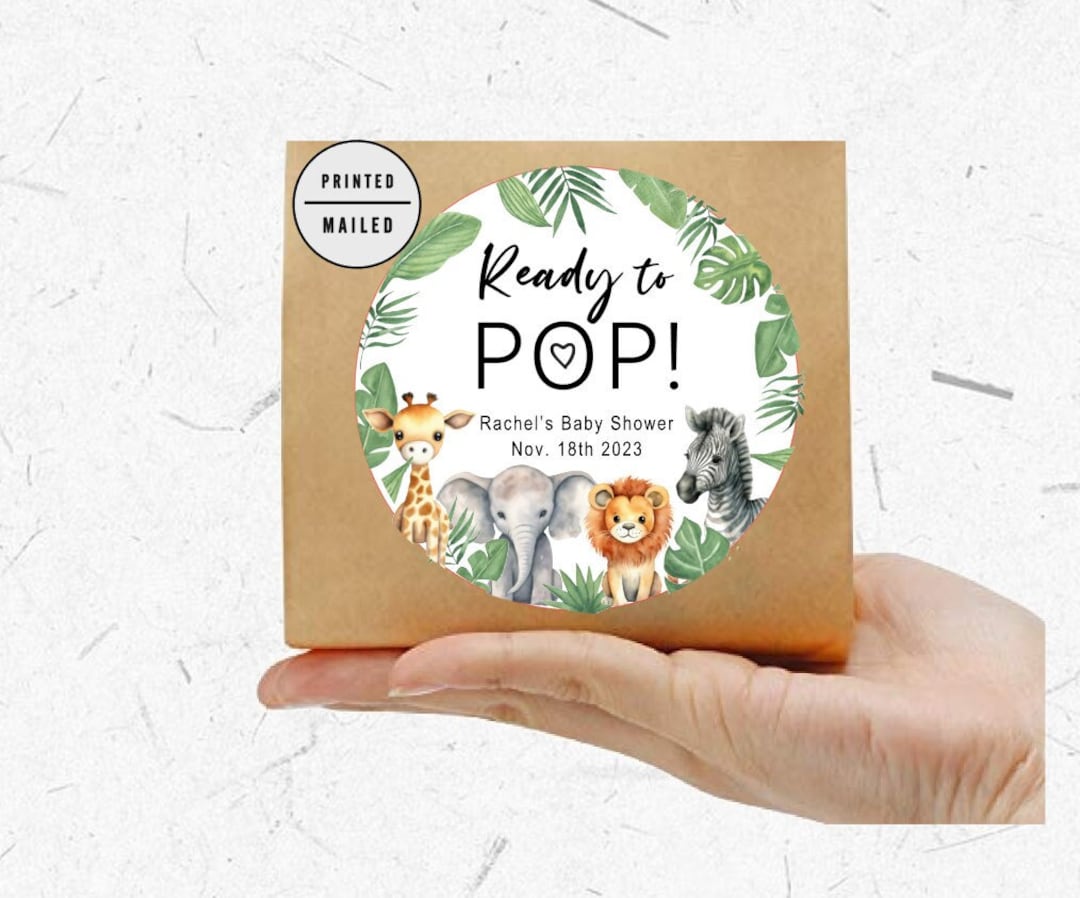 Ready to Pop Popcorn Favor Sticker, Baby Shower Labels, Jungle Baby ...