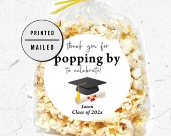 Graduation Stickers, Thanks for Poppin' By, Popcorn Favor Sticker ...