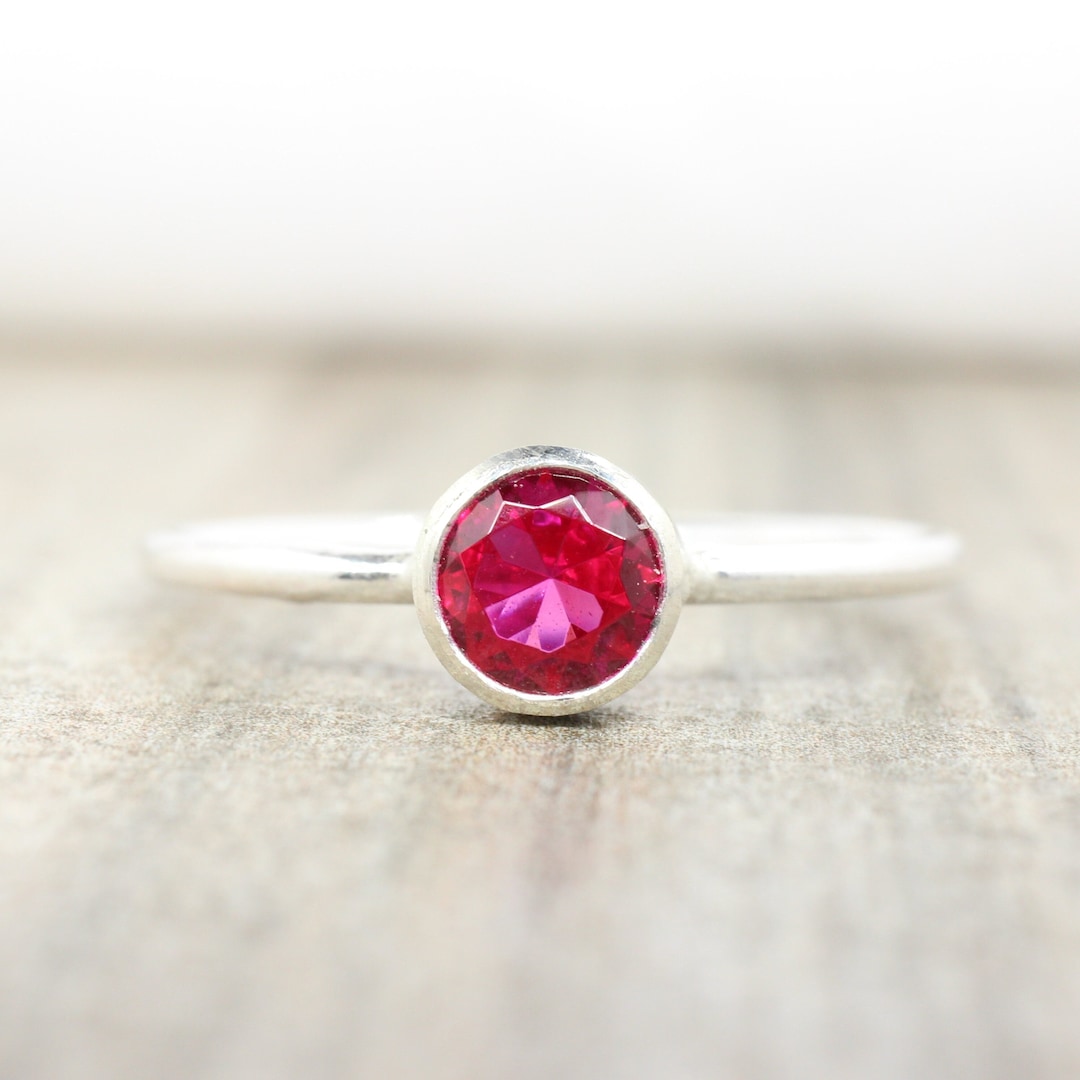 Sterling Silver Lab Ruby Stacking Ring // 5mm Faceted Gemstone July ...
