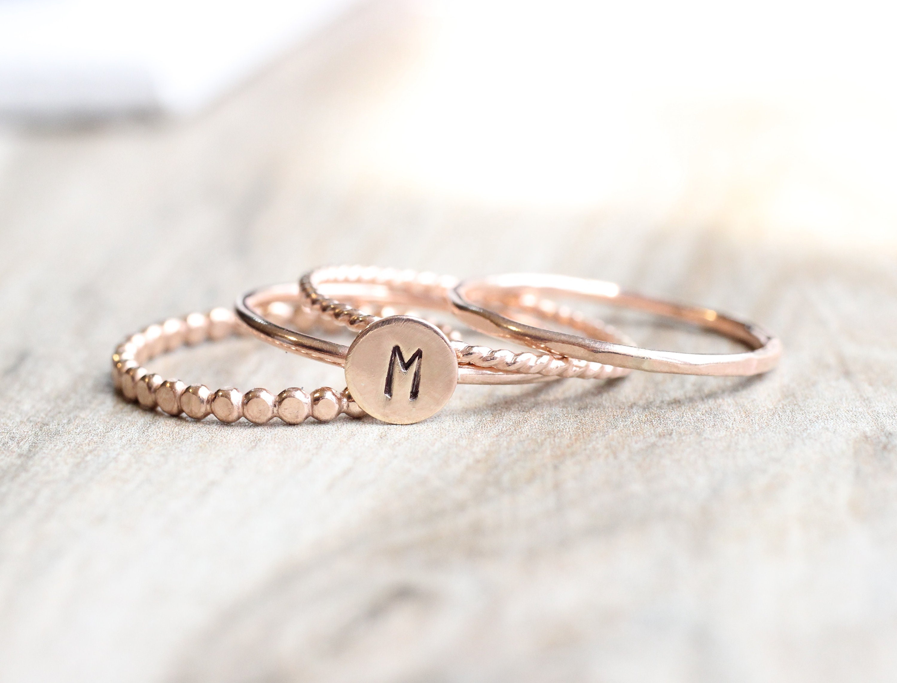 Rose Gold Initial Ring Set: 14K Filled Stacking Rings - Etsy