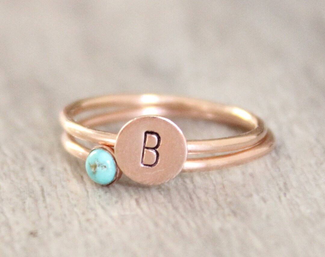Rose Gold Initial Birthstone Ring Set: 14K Filled Stacking Rings - Etsy