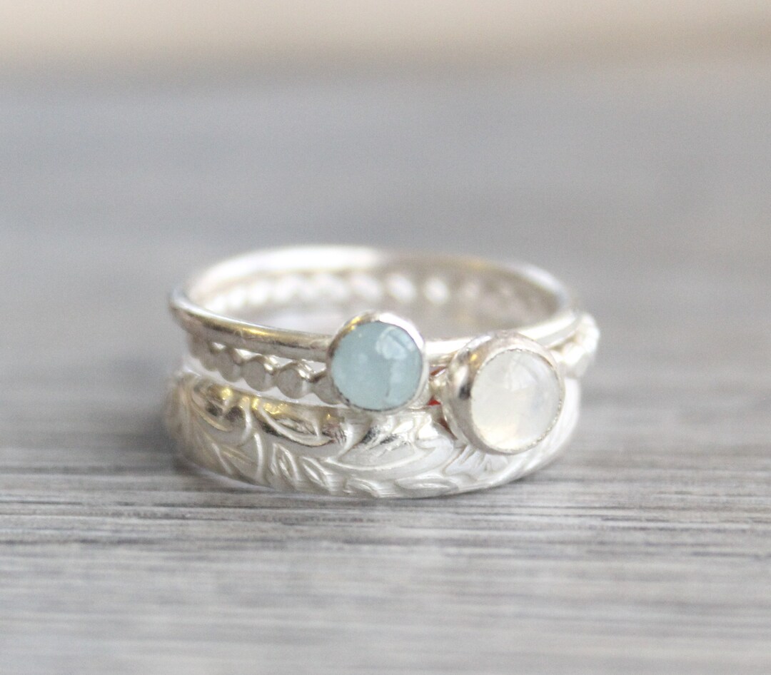 Aquamarine Moonstone Ring Set: Sterling Silver Stacking Rings - Etsy