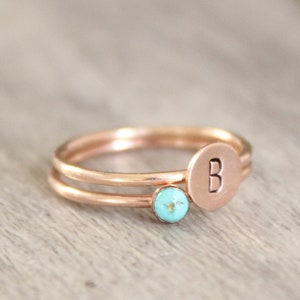 Rose Gold Initial Birthstone Ring Set: 14K Filled Stacking Rings - Etsy