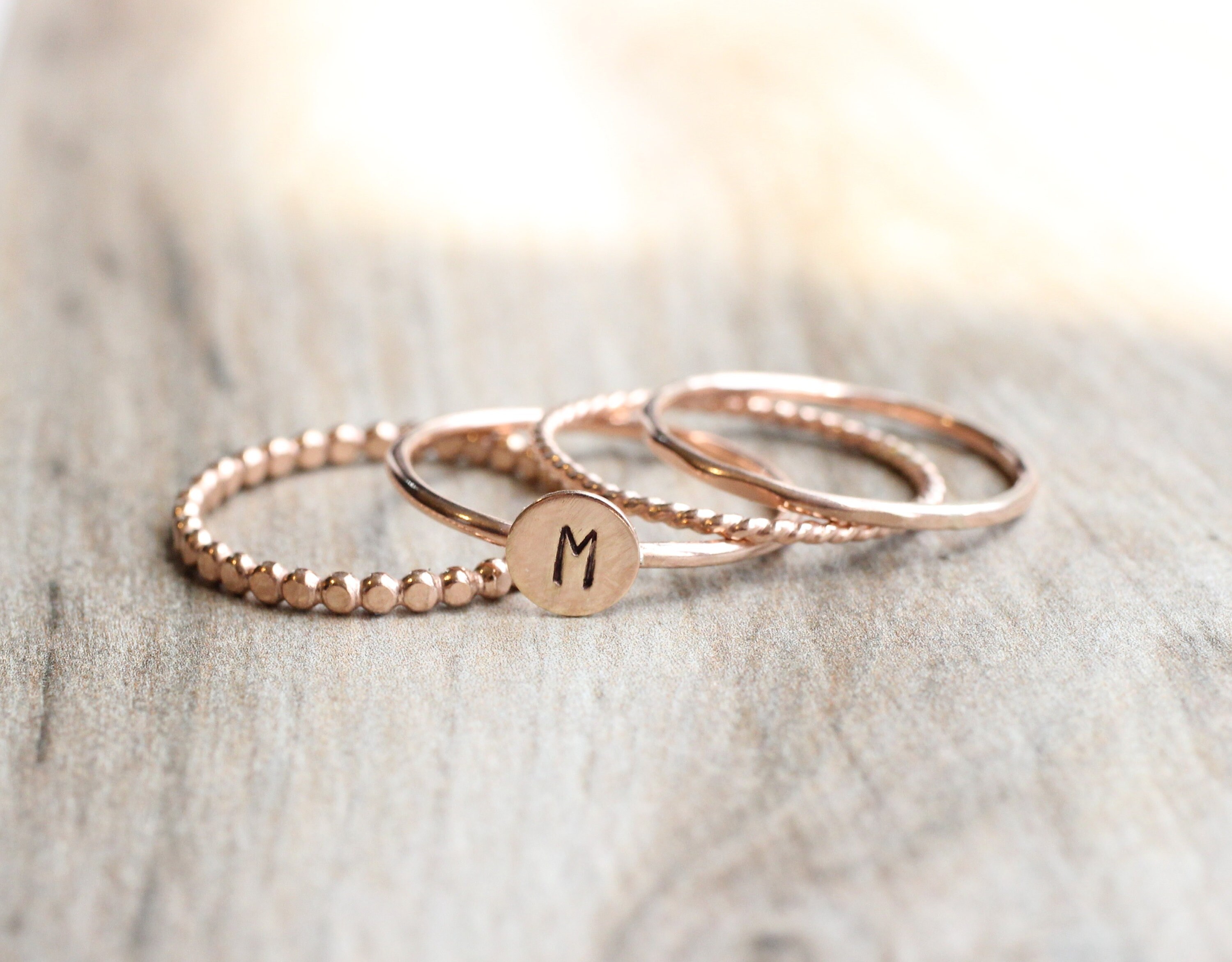 Rose Gold Initial Ring Set // Rose Gold Initial and Bead Ring - Etsy