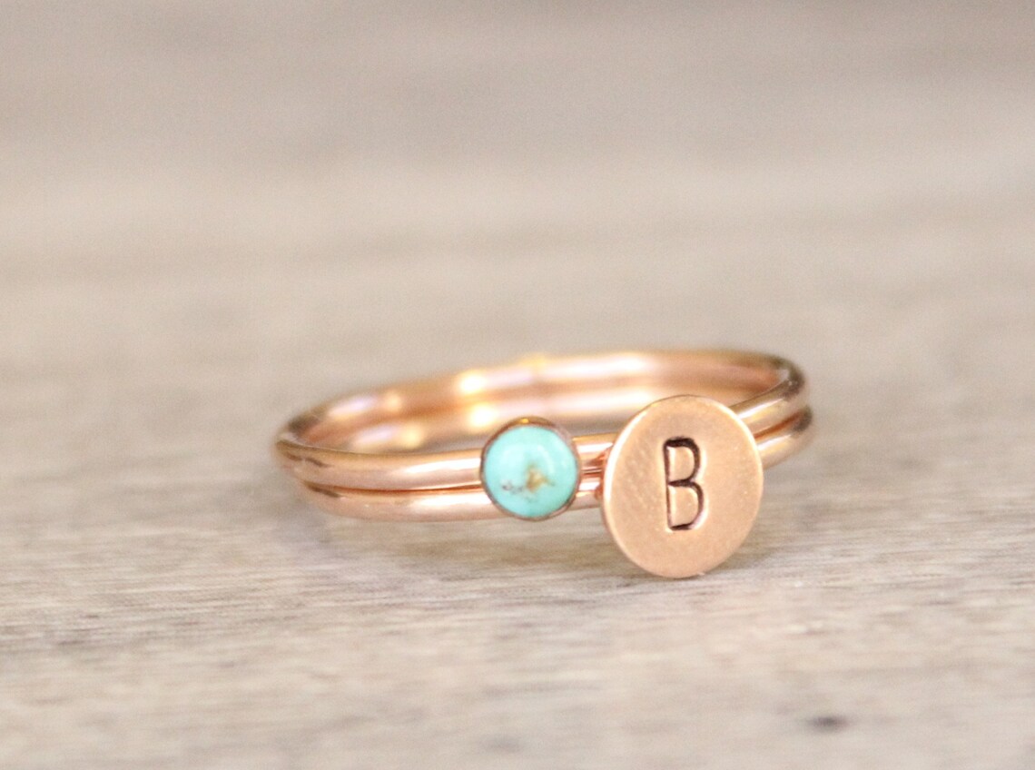 Rose Gold Initial and Birthstone Ring Set // 14K Rose Gold | Etsy