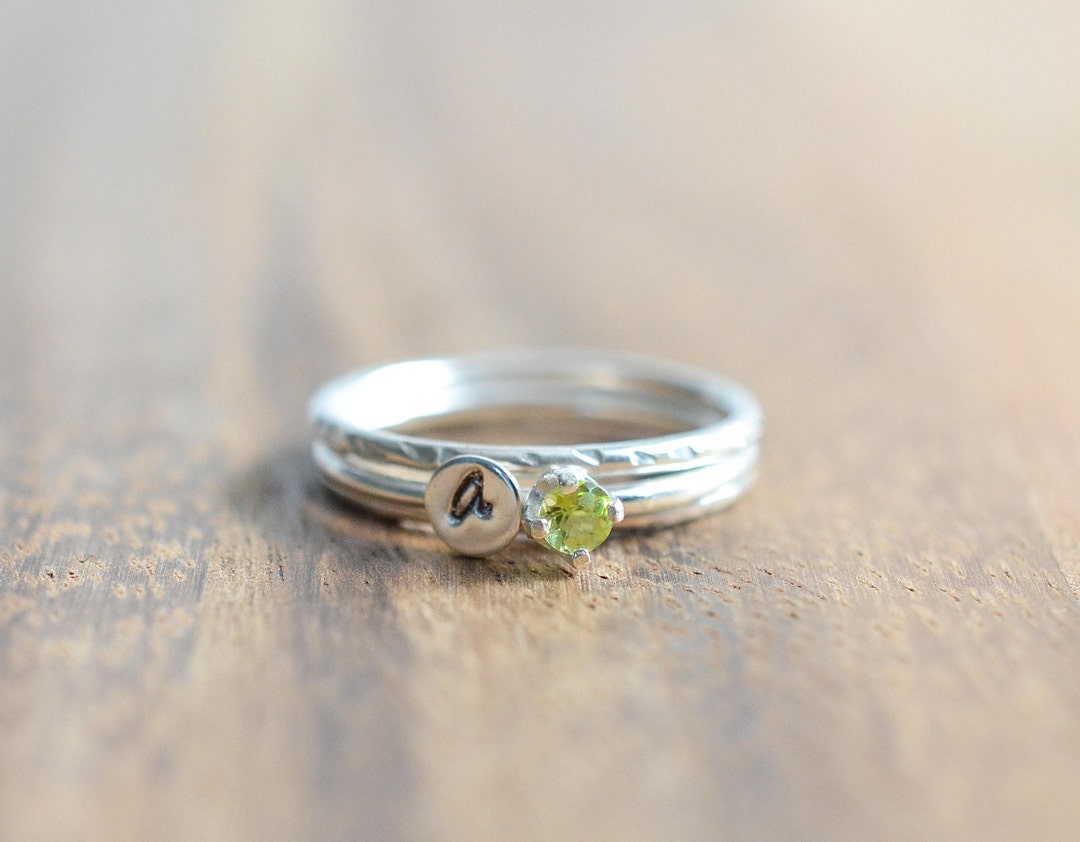 Sterling Silver August Birthstone and Any Initial Stacking Ring Set ...