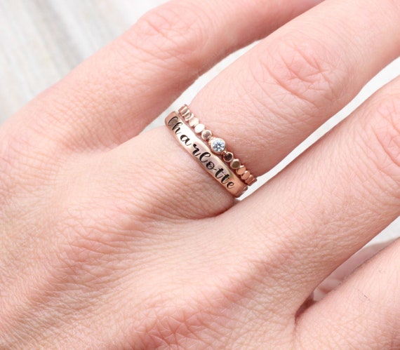 Rose Gold Name Ring Set // Personalized Stacking Name Rings // - Etsy