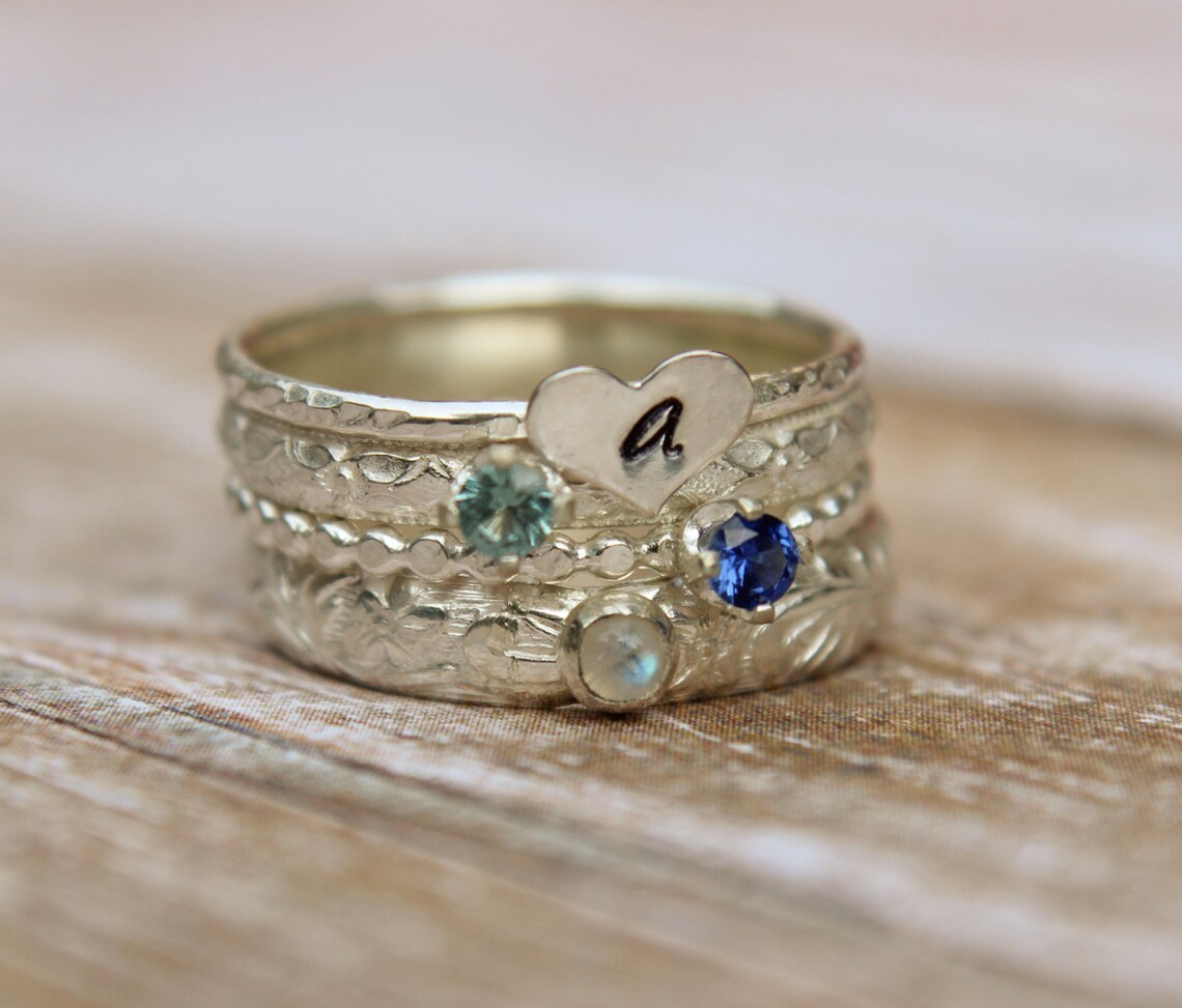 Set of 4 Gemstone Family Stacking Ring Set // Sterling Silver | Etsy