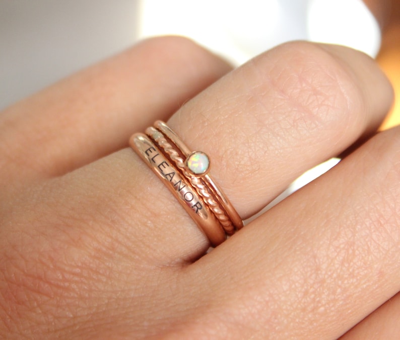 Rose Gold Name Ring Set // Personalized Stacking Name Rings // | Etsy