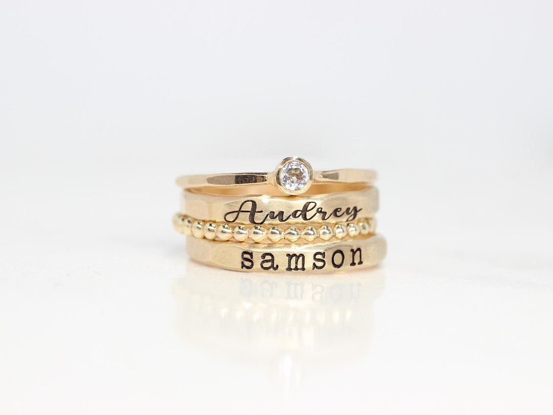 14K Gold Filled Stacking Name Rings Set: Personalized Birthstone ...