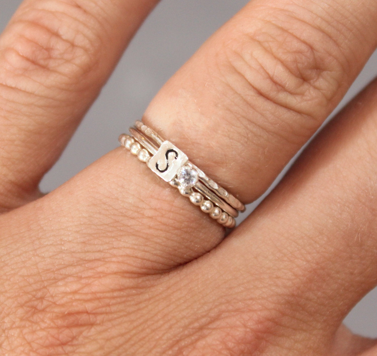 Sterling Silver March Birthstone and Initial Stacking Ring | Etsy