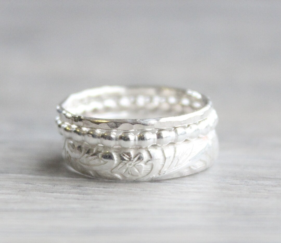 Handmade Sterling Silver Stacking Rings: Floral, Hammered, and Bead ...