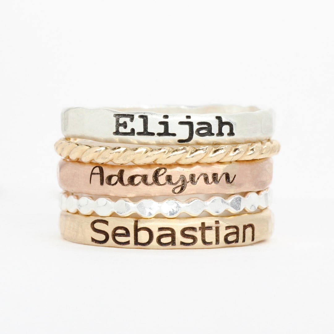 Custom Stackable Engraved Rings Set // Sterling Silver, Gold, or Rose Gold Hammered Name Ring ...