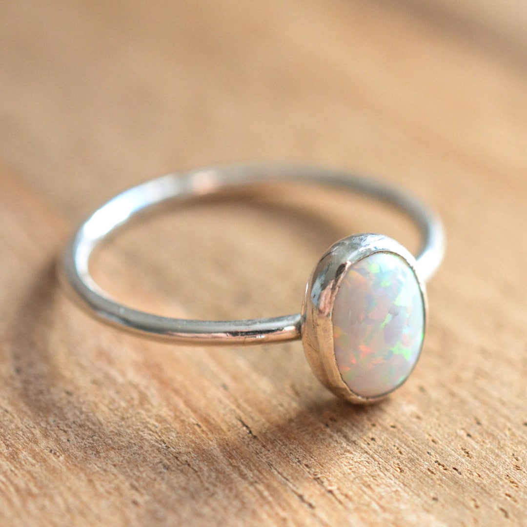 Sterling Silver White Opal Ring // Simulated Opal Stacking Ring ...