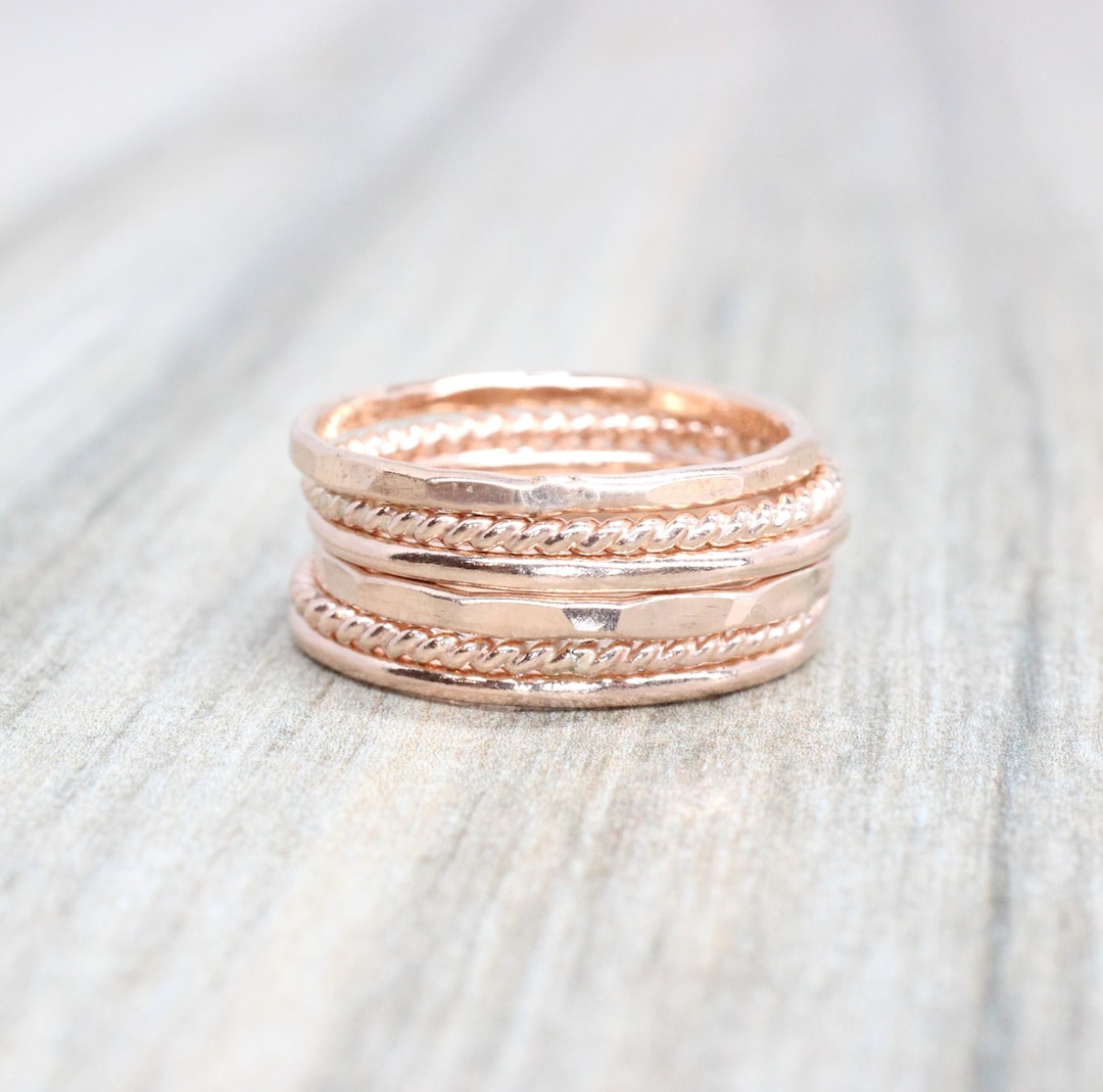Rose Gold Filled Stacking Ring Set: Hammered, Twisted, Smooth Bands - Etsy