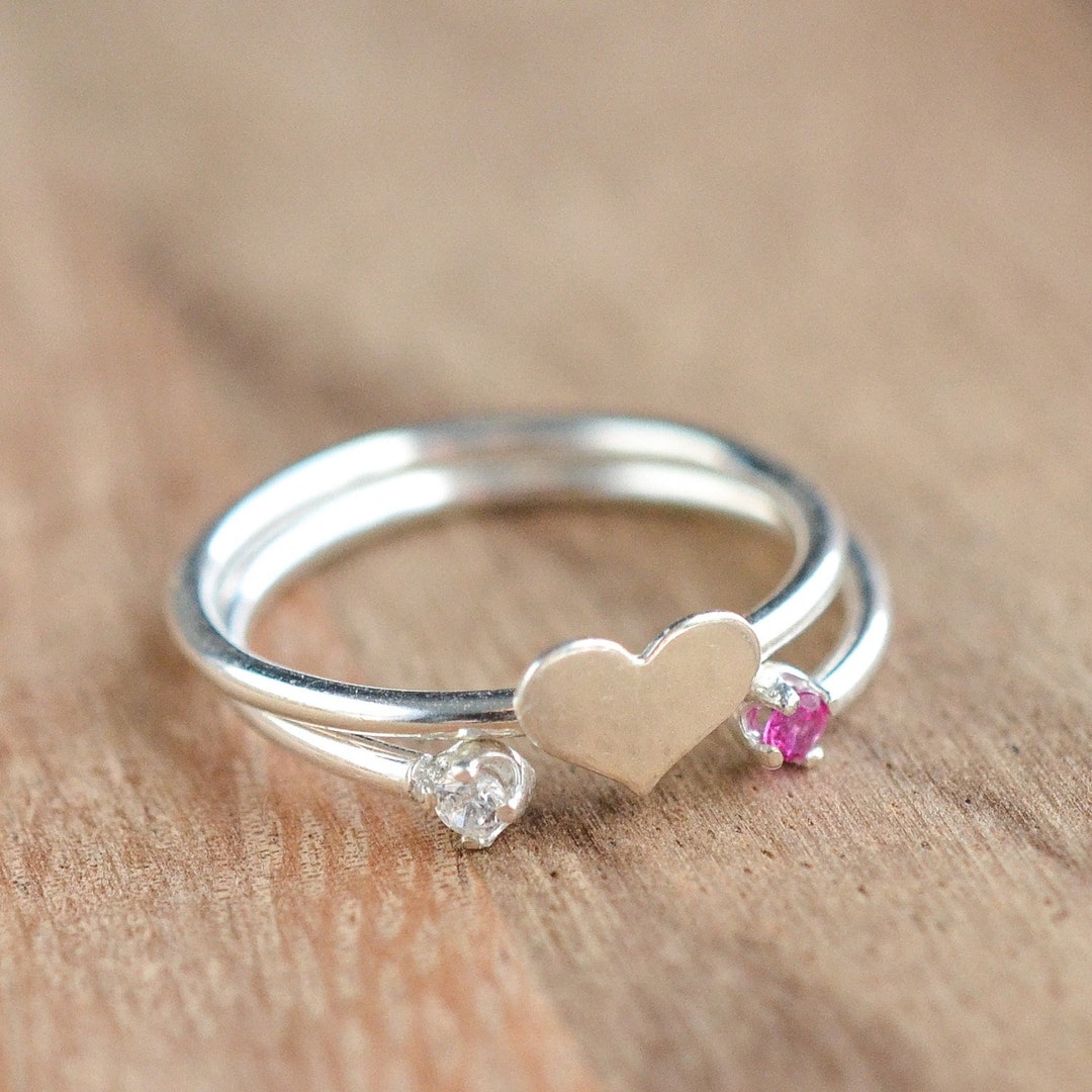 Sterling Silver Heart and Dual Stone Stacking Ring Sterling Silver ...
