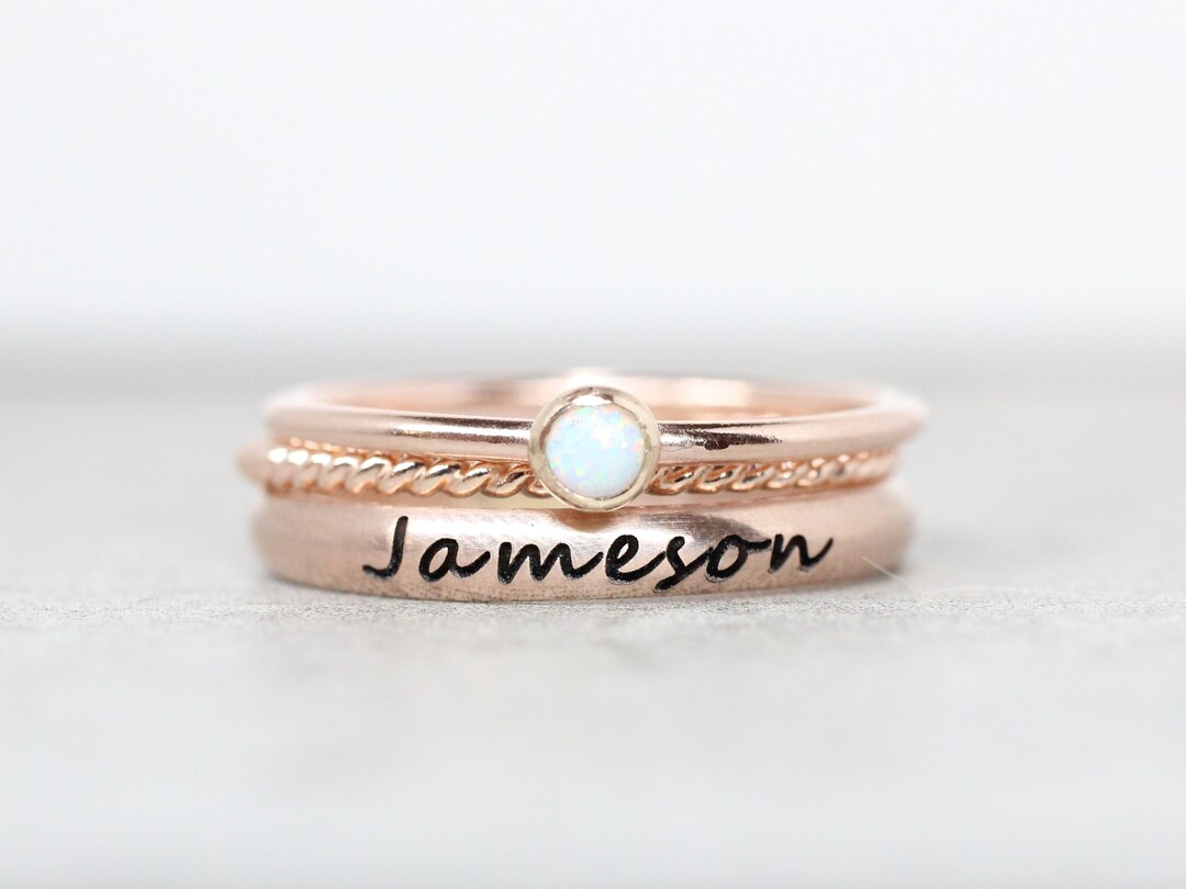 Rose Gold Name Ring Set // Personalized Stacking Name Rings // Custom ...