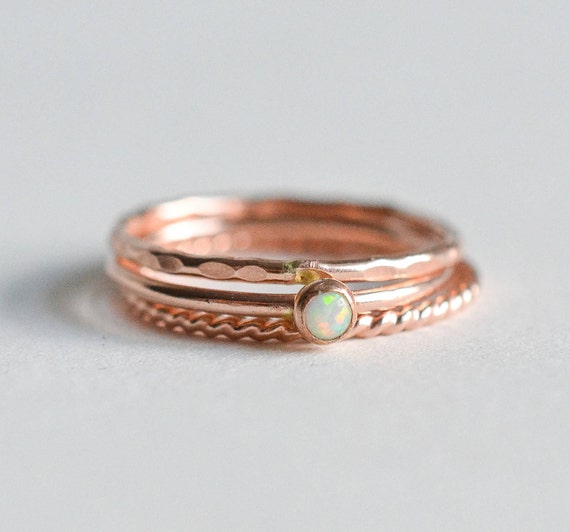 Rose Gold Opal Ring Set // 14K Rose Gold Filled White Opal | Etsy