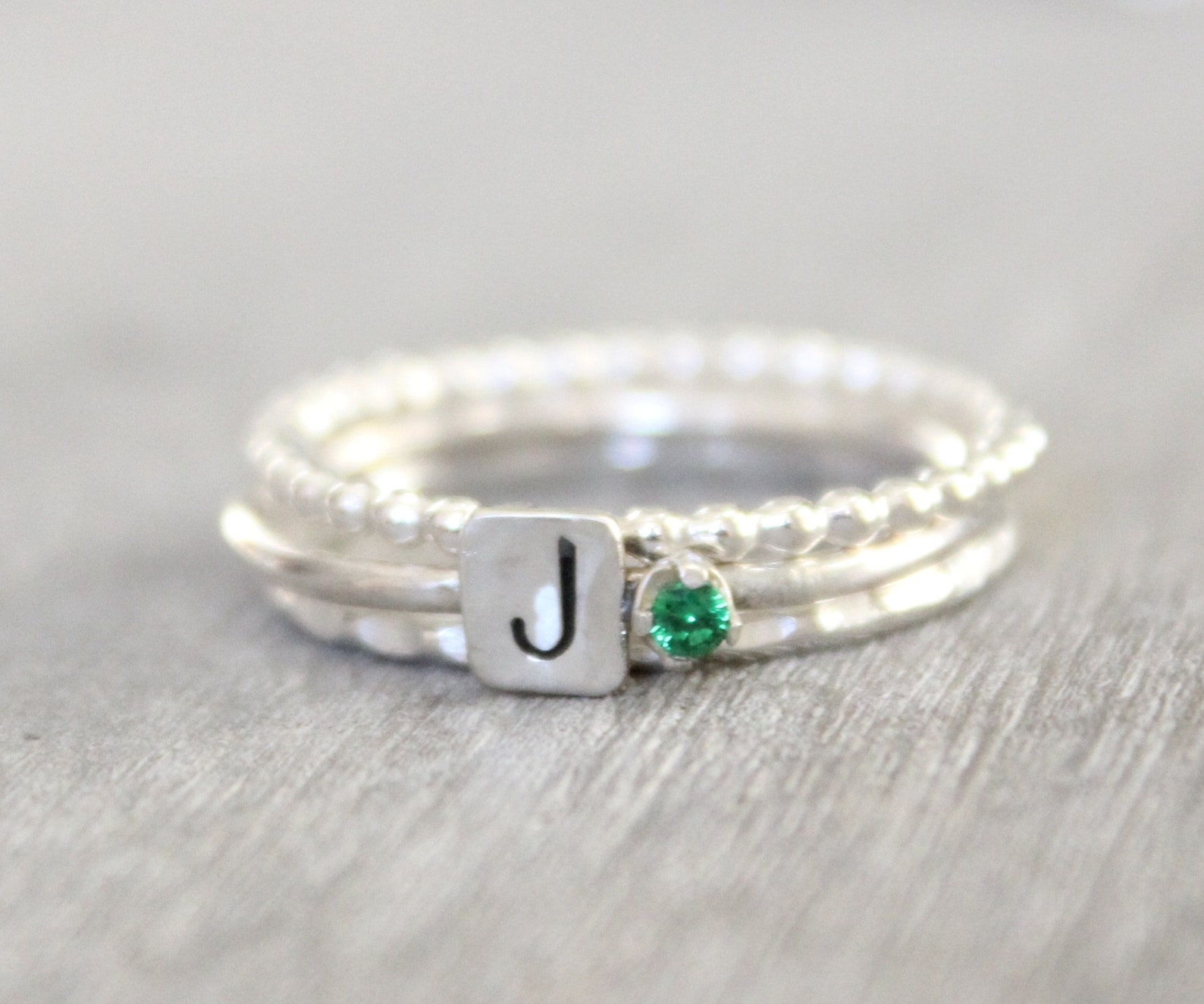 Sterling Silver Birthstone Rings With Initial Sterling Silver Custom Initial Stacking Rings ...