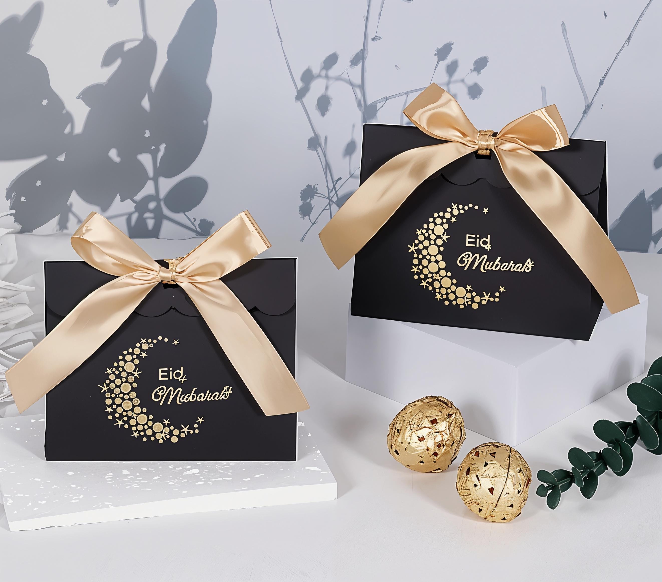 10pcs Black & Gold Eid Mubarak Gift Boxes With Ribbons – Elegant ...