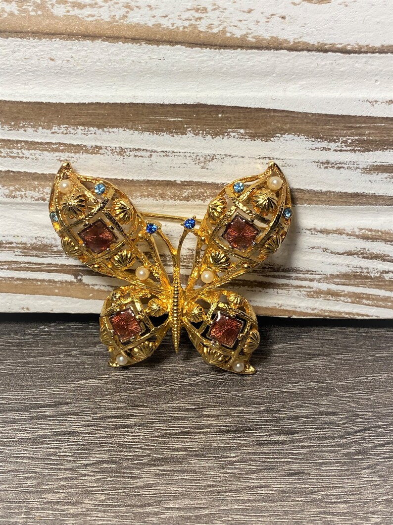 Vintage Gold Tone Large Jeweled Butterfly Brooch/ Pin With - Etsy