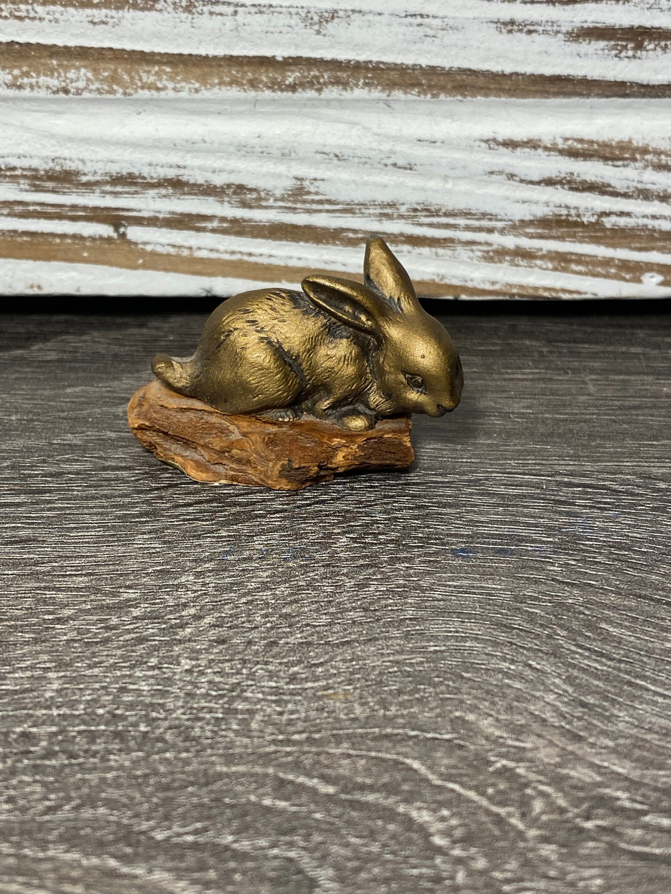 Vintage Bronze Bunny Rabbit on Wood Small Miniature Figurine | Etsy