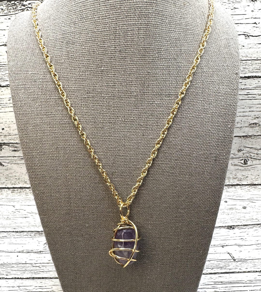Vintage 1990 Avon Wrapped Natural Amethyst Necklace Gold Tone Signed 32 ...