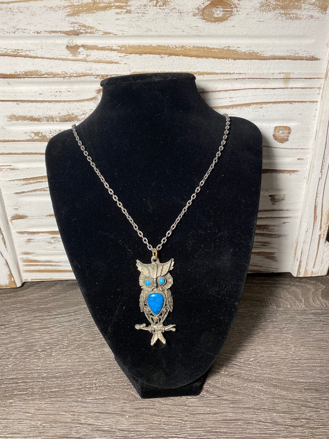 Vintage Faux Blue Turquoise Owl Pendant Silver Tone Necklace 24 Inch ...