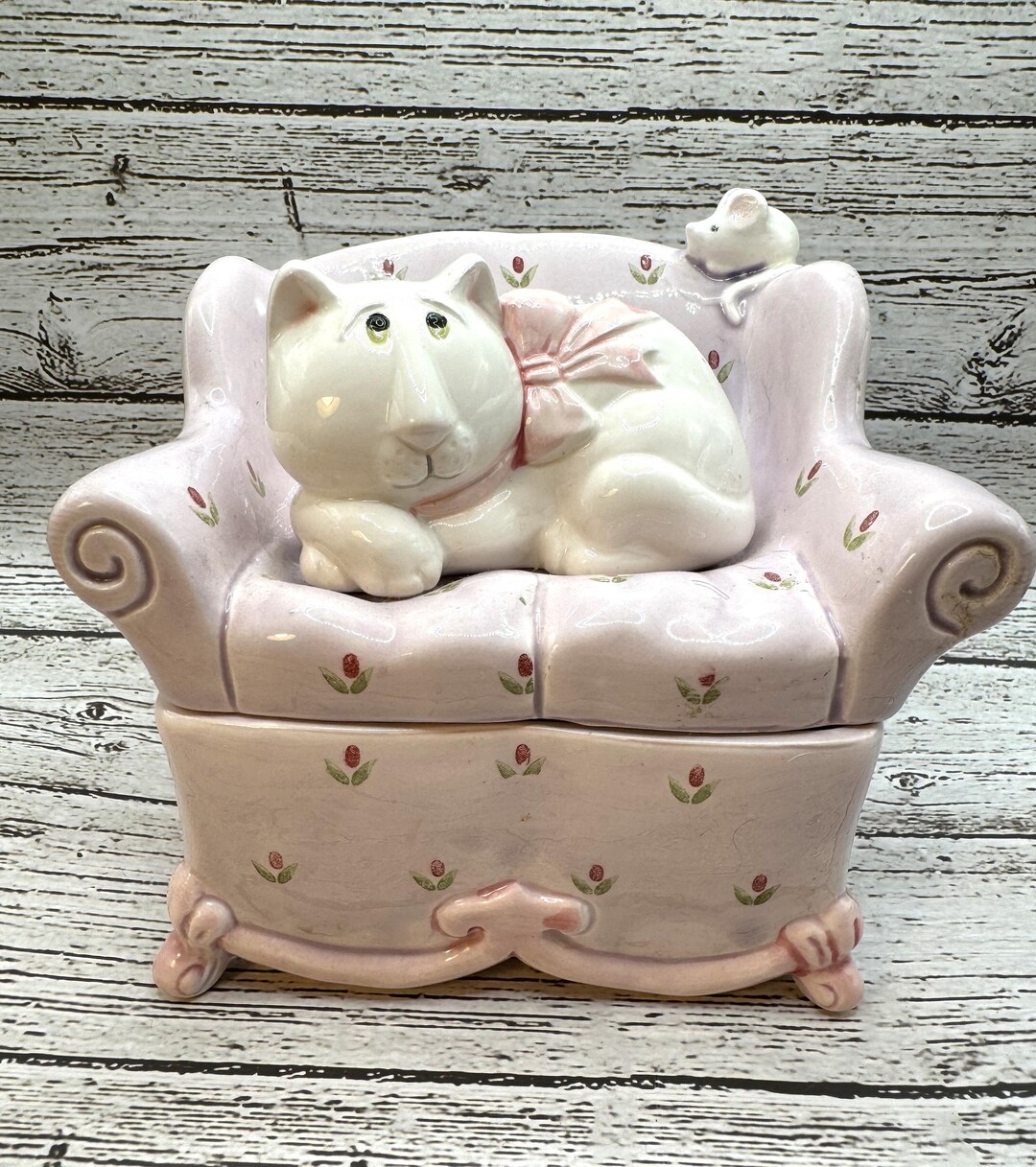 Vintage 1987 Omnibus Ceramic Cat on Pink Tulip Chair With Mouse Trinket ...