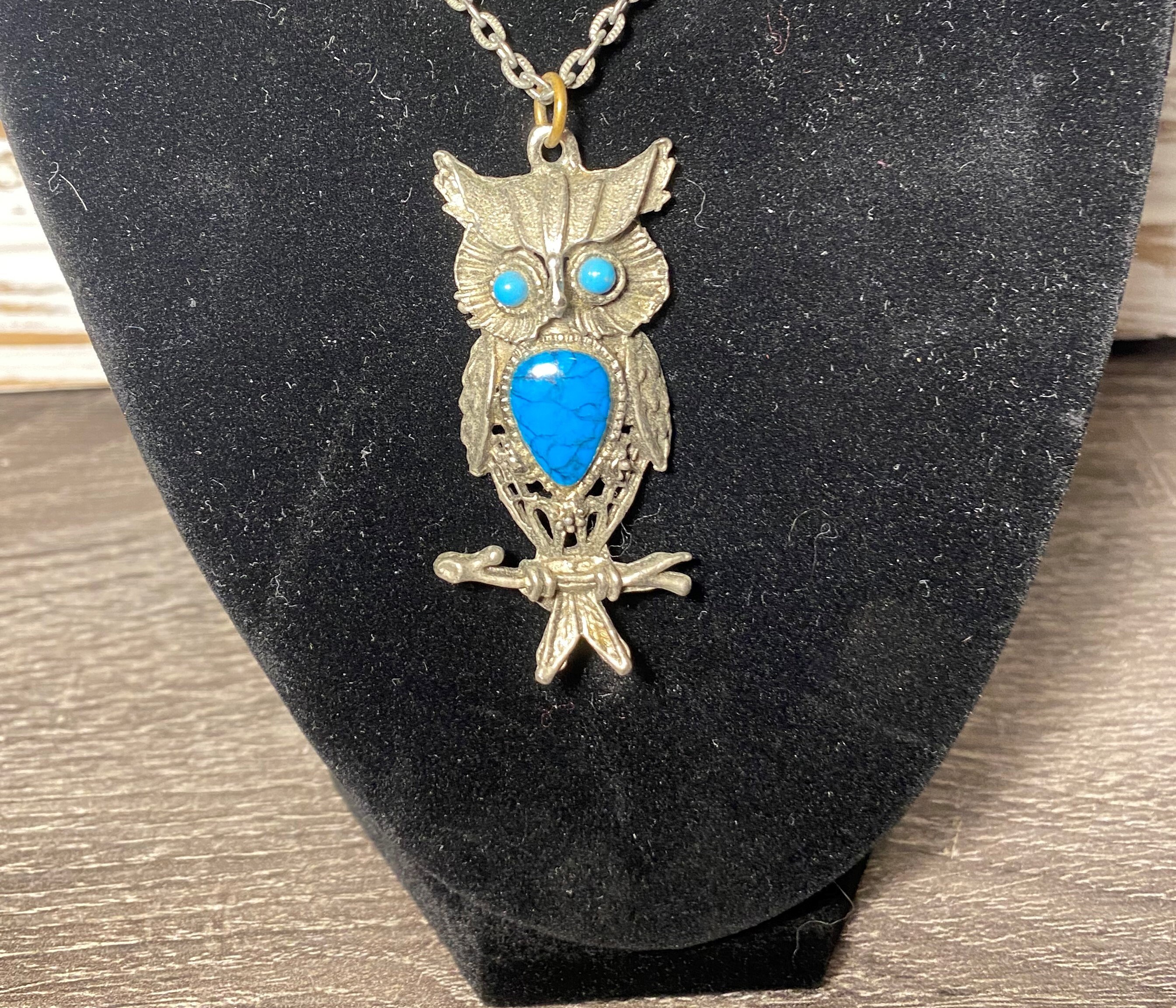 Vintage Faux Blue Turquoise Owl Pendant Silver Tone Necklace 24 Inch ...