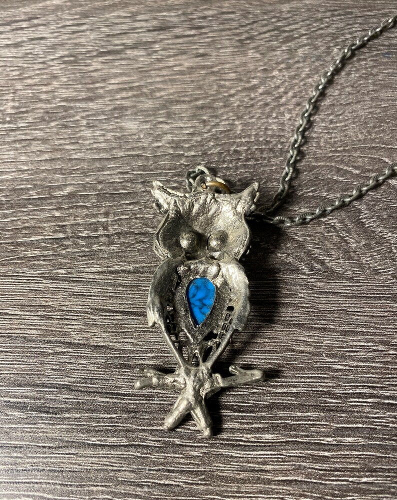 Vintage Faux Blue Turquoise Owl Pendant Silver Tone Necklace 24 Inch ...