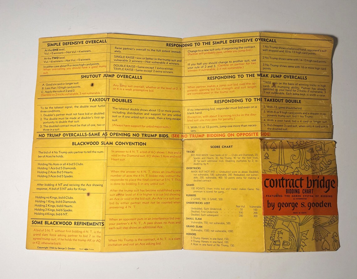Vintage Contract Bridge Bidding Chart by George S. Gooden - Etsy