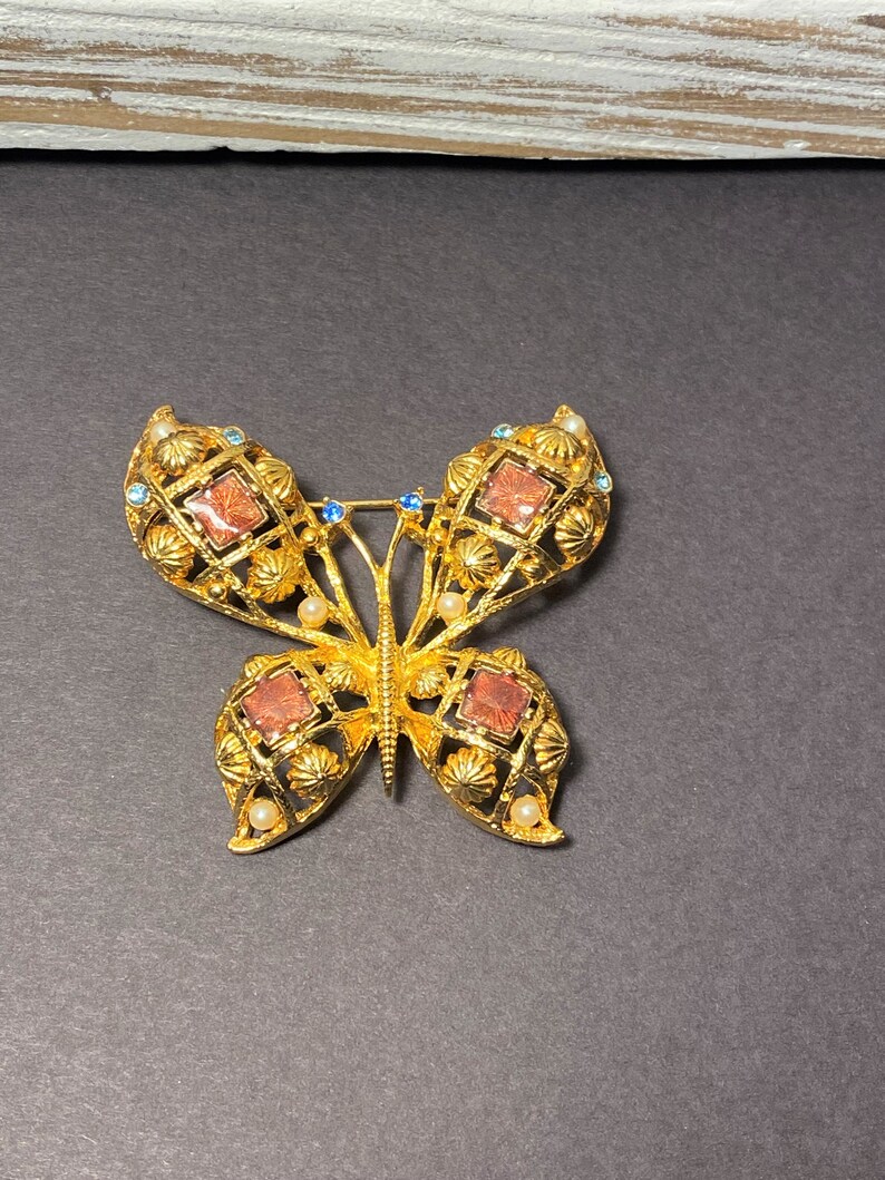 Vintage Gold Tone Large Jeweled Butterfly Brooch/ Pin With - Etsy