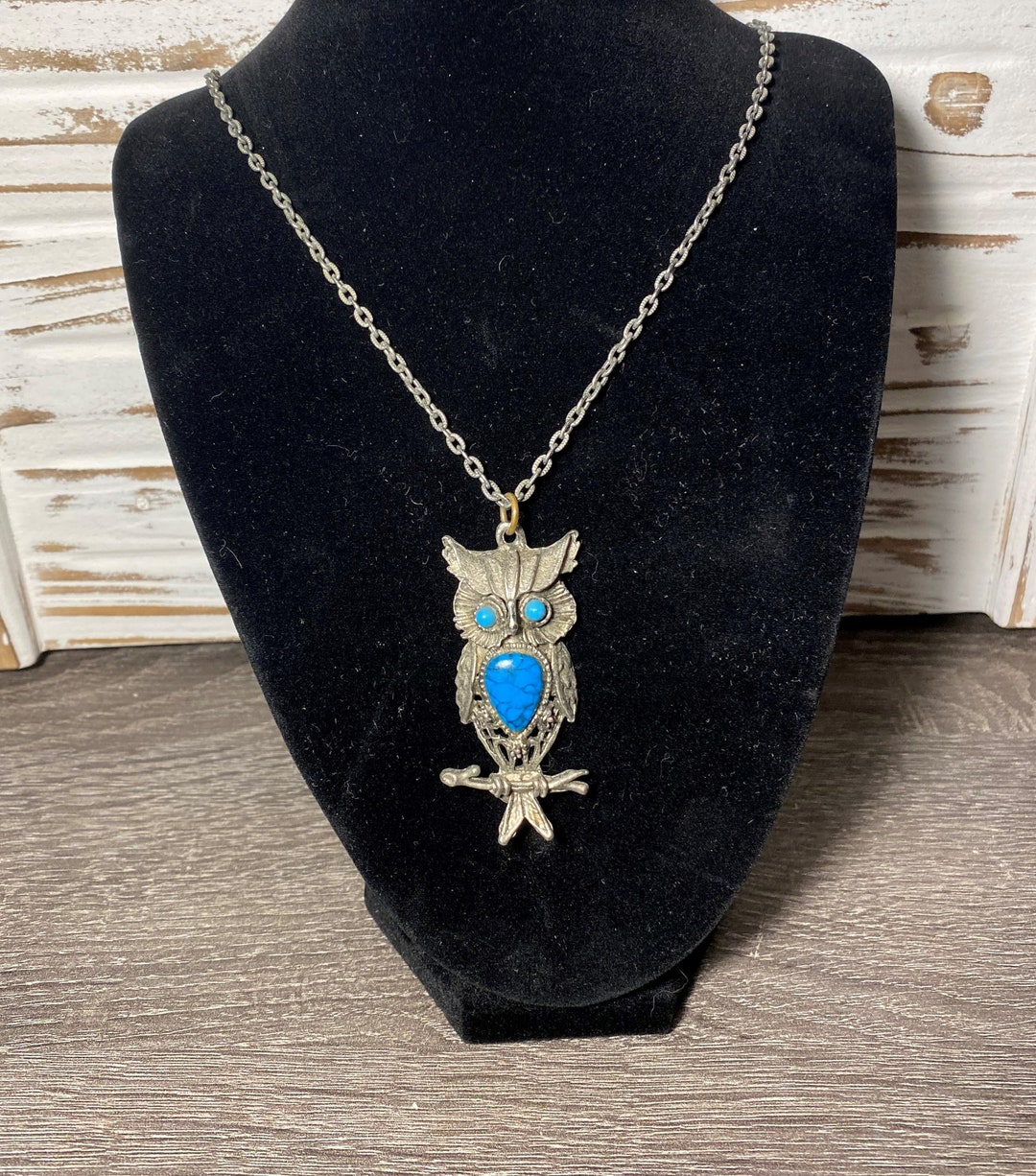 Vintage Faux Blue Turquoise Owl Pendant Silver Tone Necklace 24 Inch ...