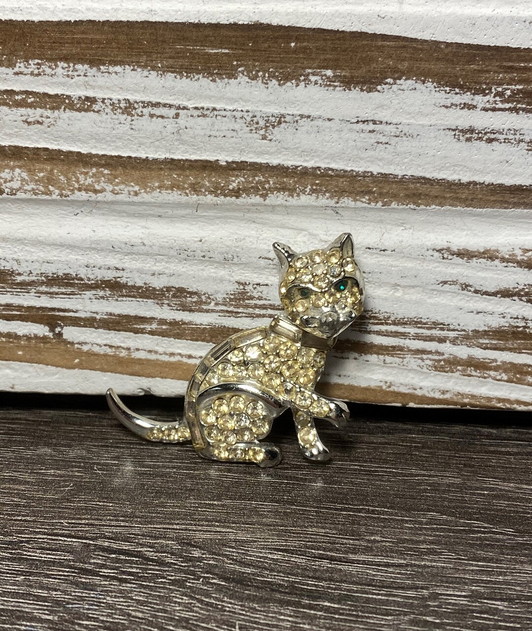 Vintage Jeweled Rhinestone Cat Kitten Pin Brooch - Silver Tone With ...