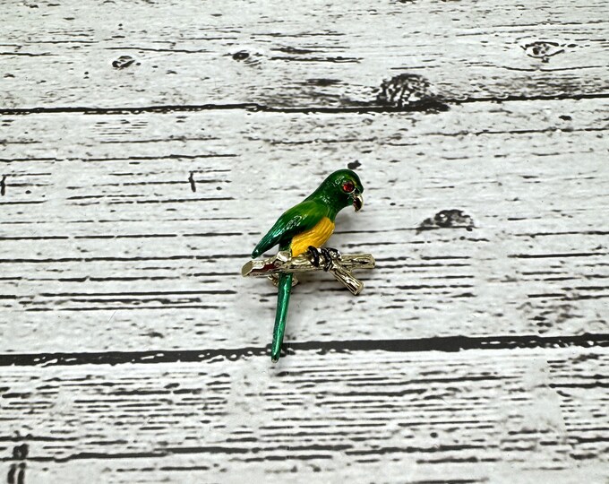 Vintage Colorful Green Parrot Parakeet Enamel Pin With Red Rhinestone ...
