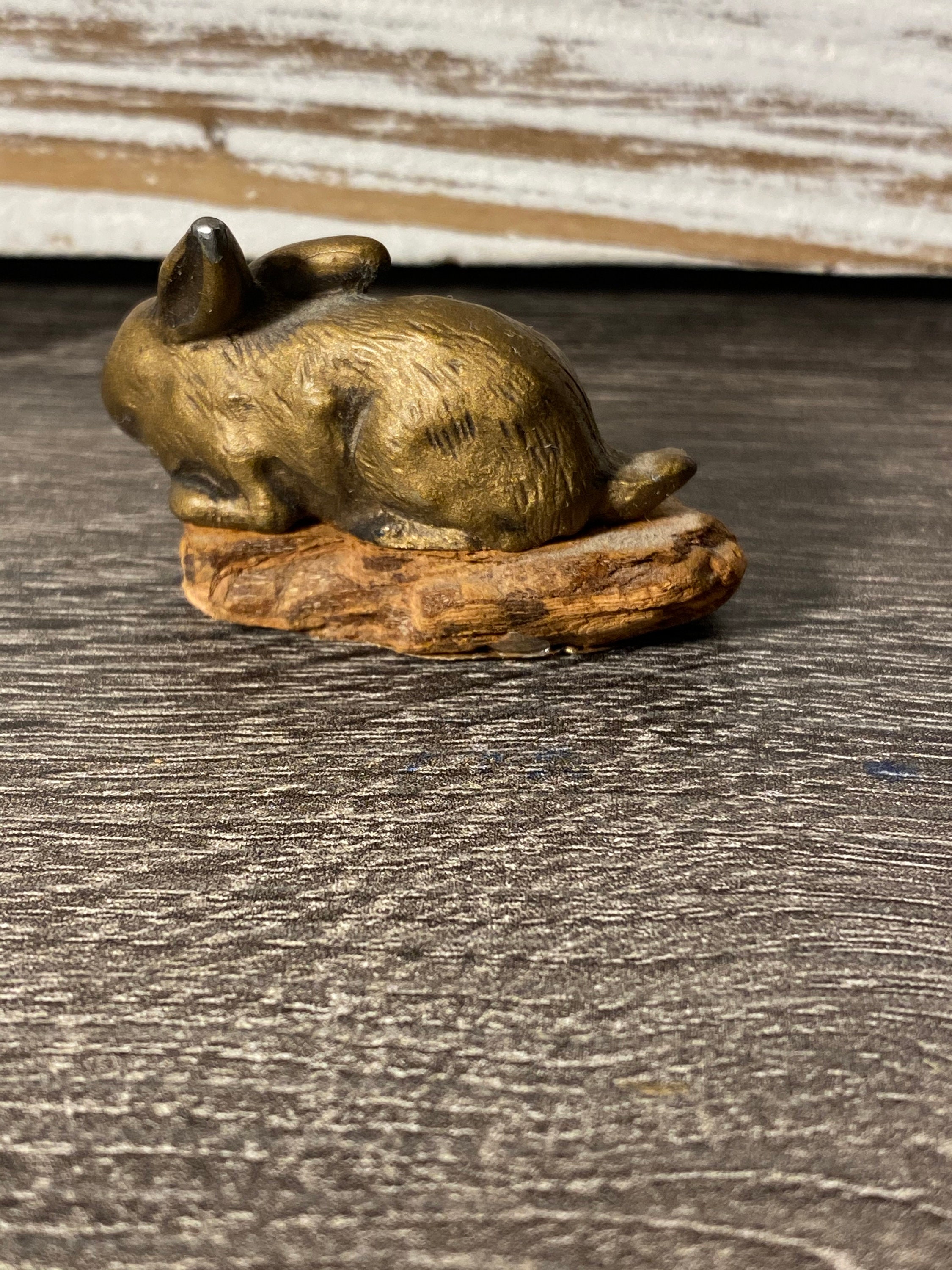 Vintage Bronze Bunny Rabbit on Wood Small Miniature Figurine | Etsy