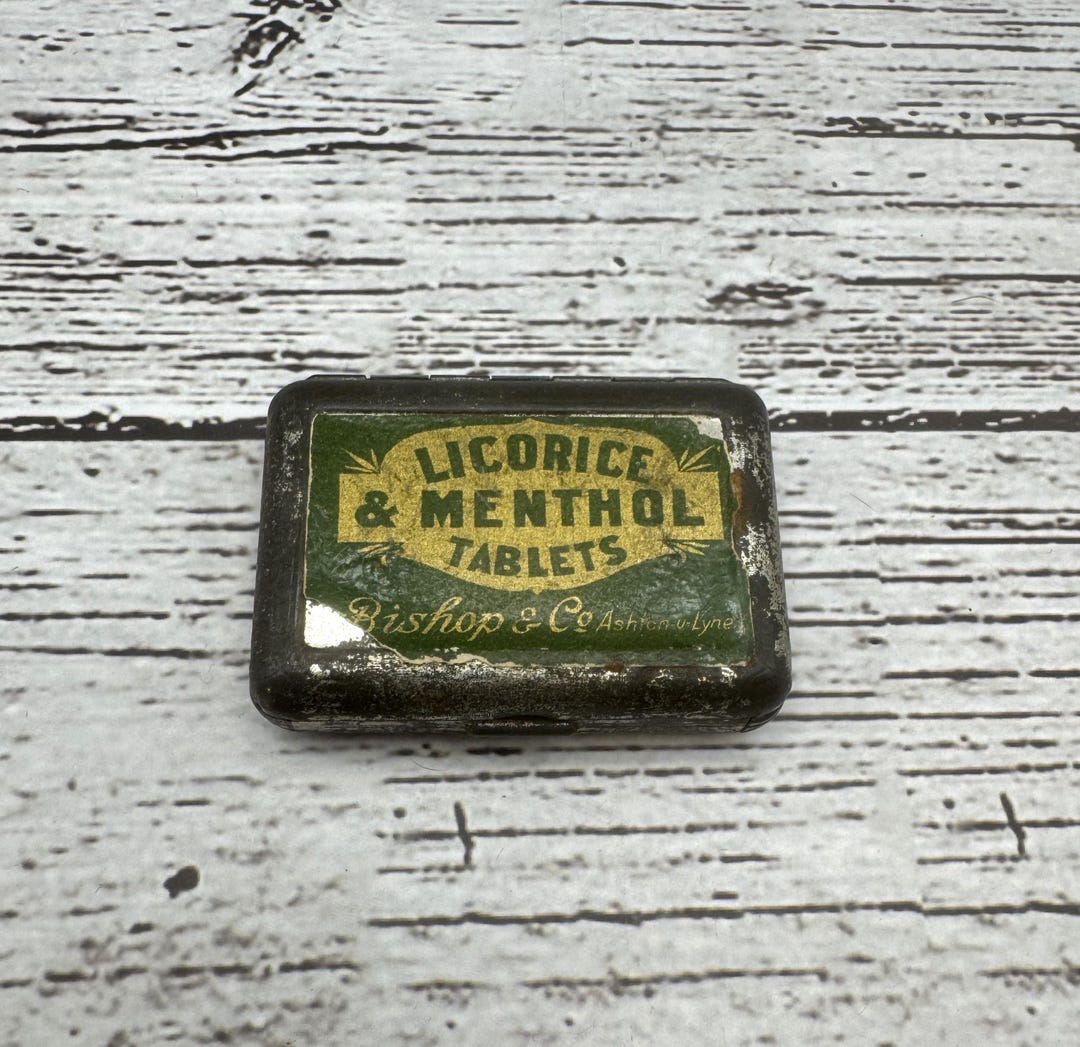 Bishop Antique and Co Licorice and Menthol Tablets Small Hinged Tin Box ...
