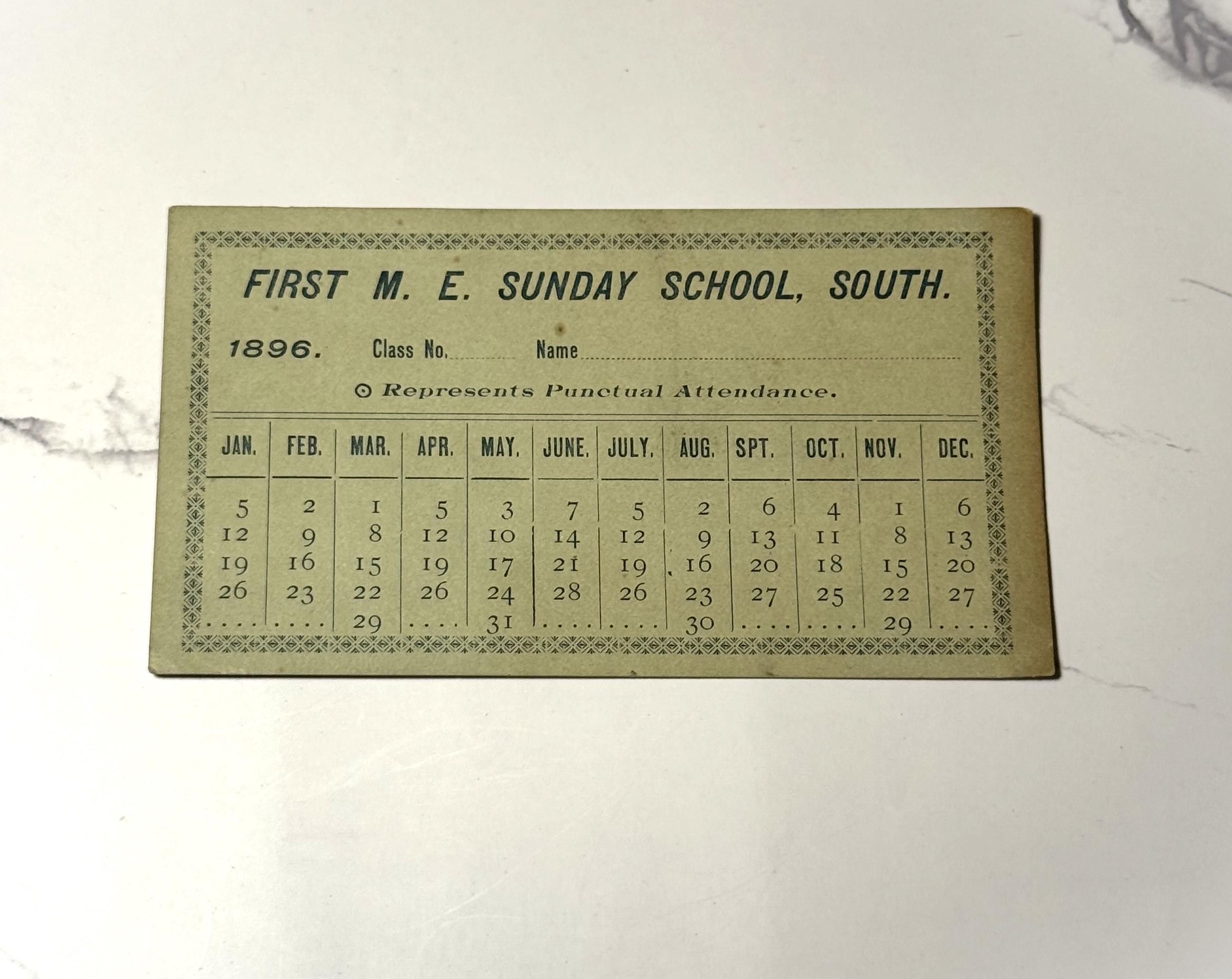 Antique 1896 Sunday School Attendance Card- First M.E. Sunday School ...