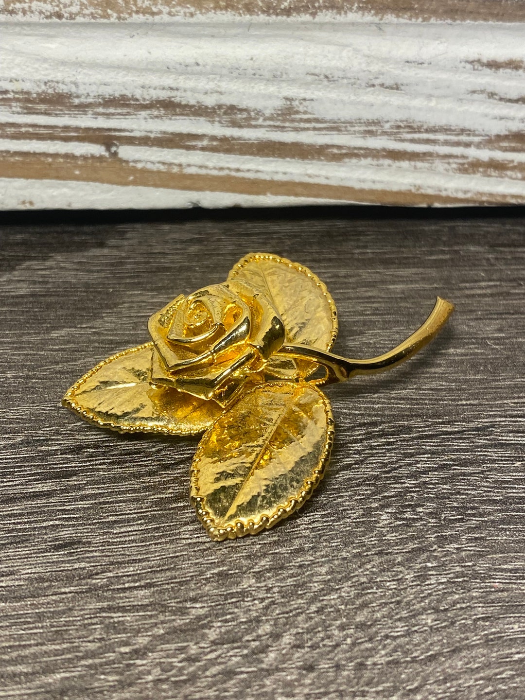 Pretty Vintage Gold Tone Single Rose Brooch/pin With Stem and Leaves- 2 ...