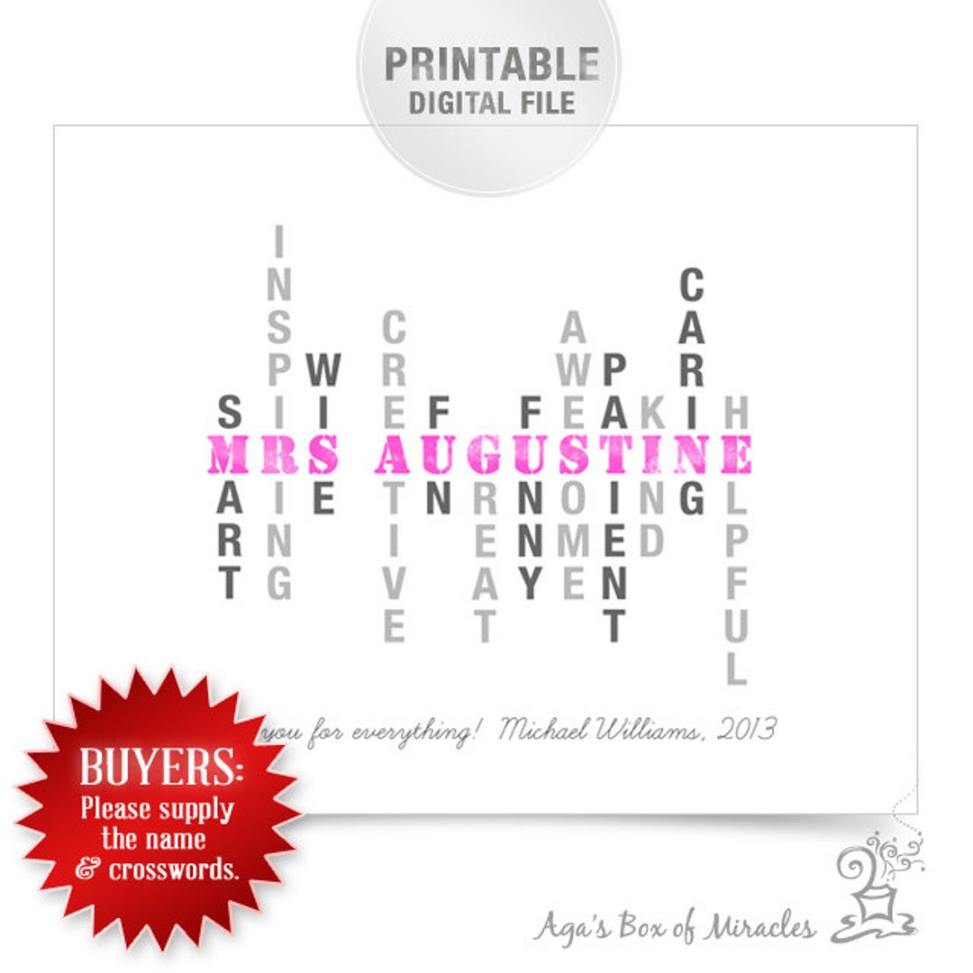 Personalized Teacher Appreciation Gift: Crossword Printable (digital ...