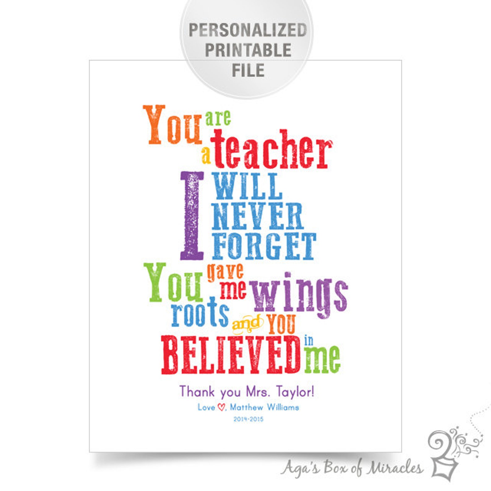 PERSONALIZED TEACHER APPRECIATION Printable / End of Year - Etsy Australia