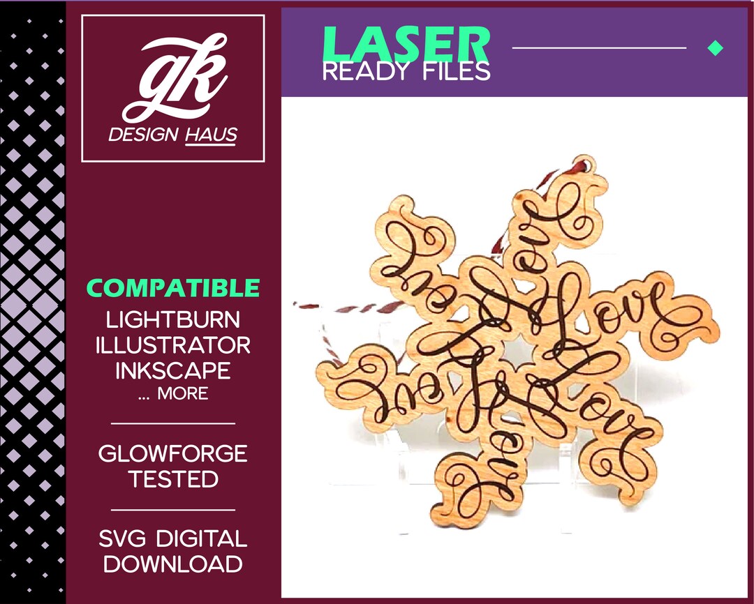 Calligraphy Snowflake Ornament - Love - 1/8" (.12") Material - Digital ...