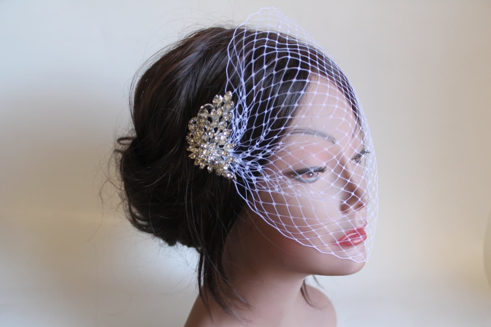 Bridal Birdcage Veil, Bandeau Veil, Rhinestone Crystals Comb, Blusher ...
