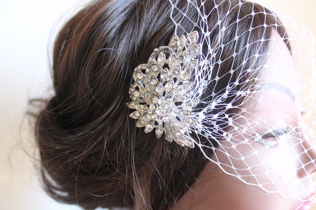 Bridal Birdcage Veil, Bandeau Veil, Rhinestone Crystals Comb, Blusher ...