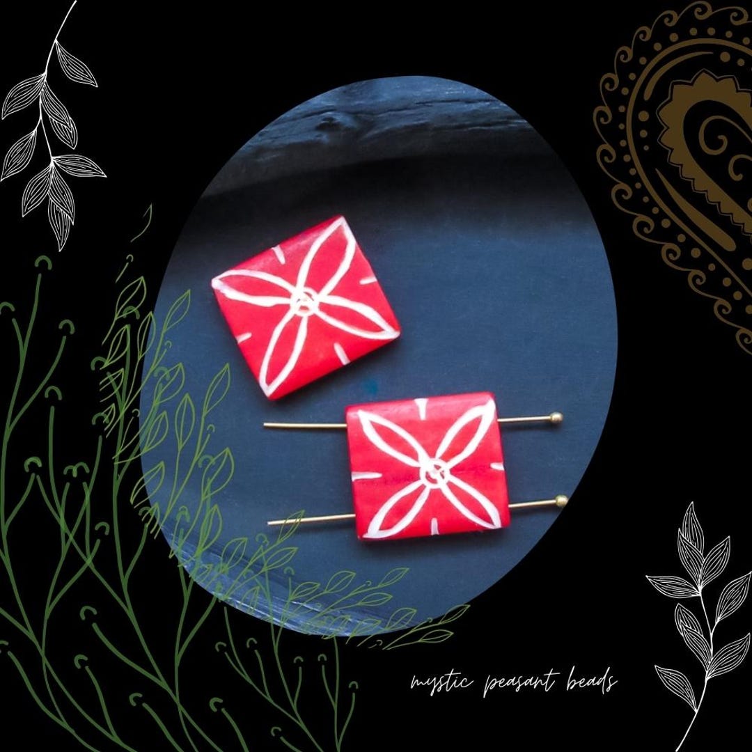 Bone Bead/floral Carved/dyed Red White/double Strand Square Bead/tribal ...