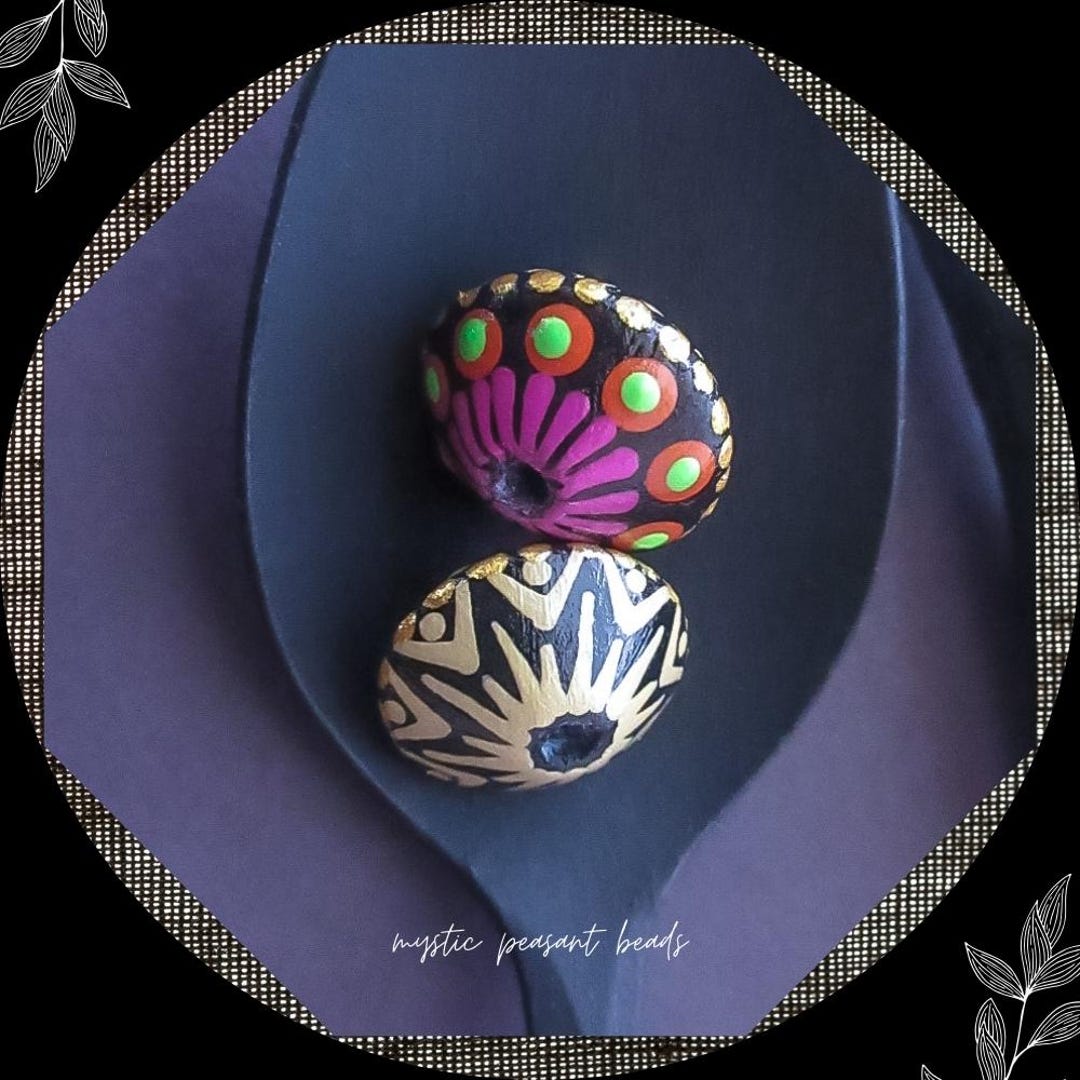 Tribal Wood Bicone Bead: Batik Inspired - Khaki, Violet, Lime, Painted ...