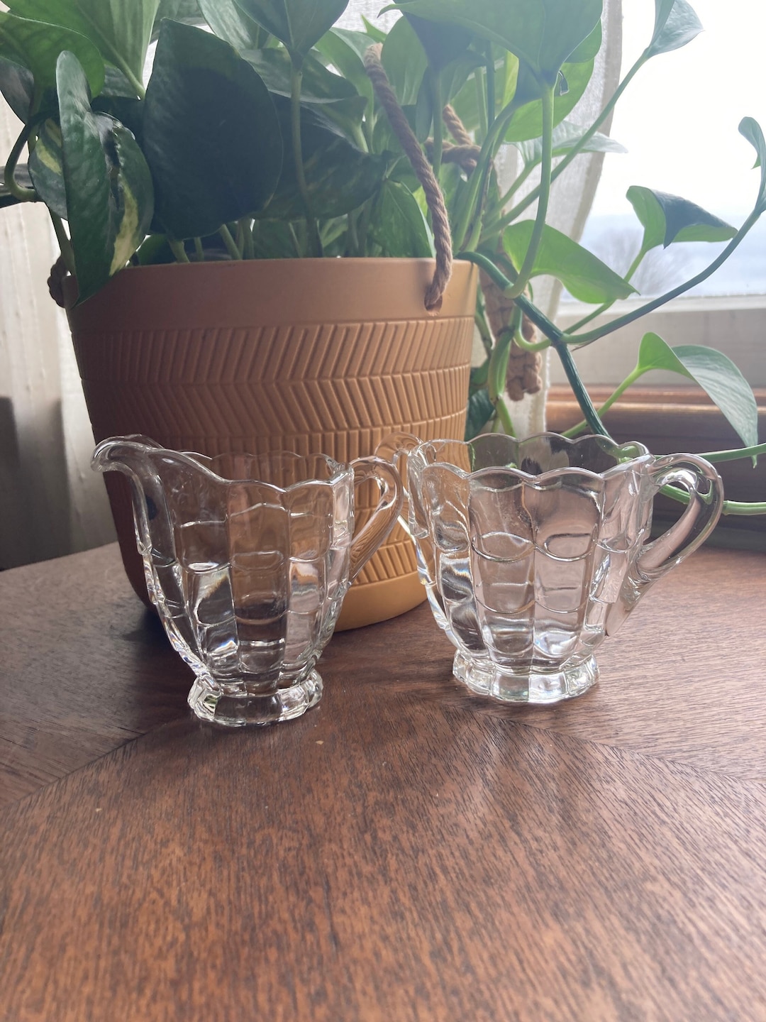 Vintage Cut Glass Sugar and Creamer ~ Cubist Pattern With Scalloped ...