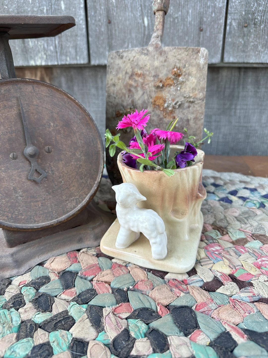 Sweet Little Baby Lamb Planter ~ Sheep and Tree Stump Vintage Ceramic ...
